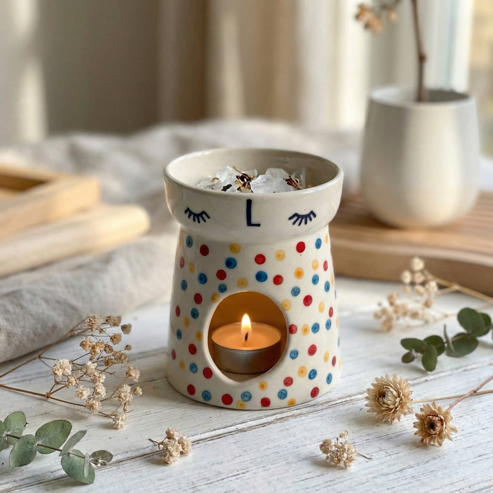 Polka Dot Ceramic Wax Melt / Camphor Burner (2 Tealight Candles Includ ...